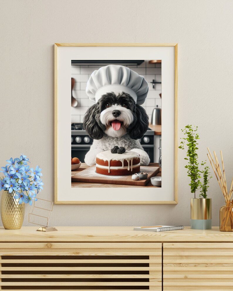 Black and White Cavapoo Cockapoo Baking Cake in Kitchen Digital ...
