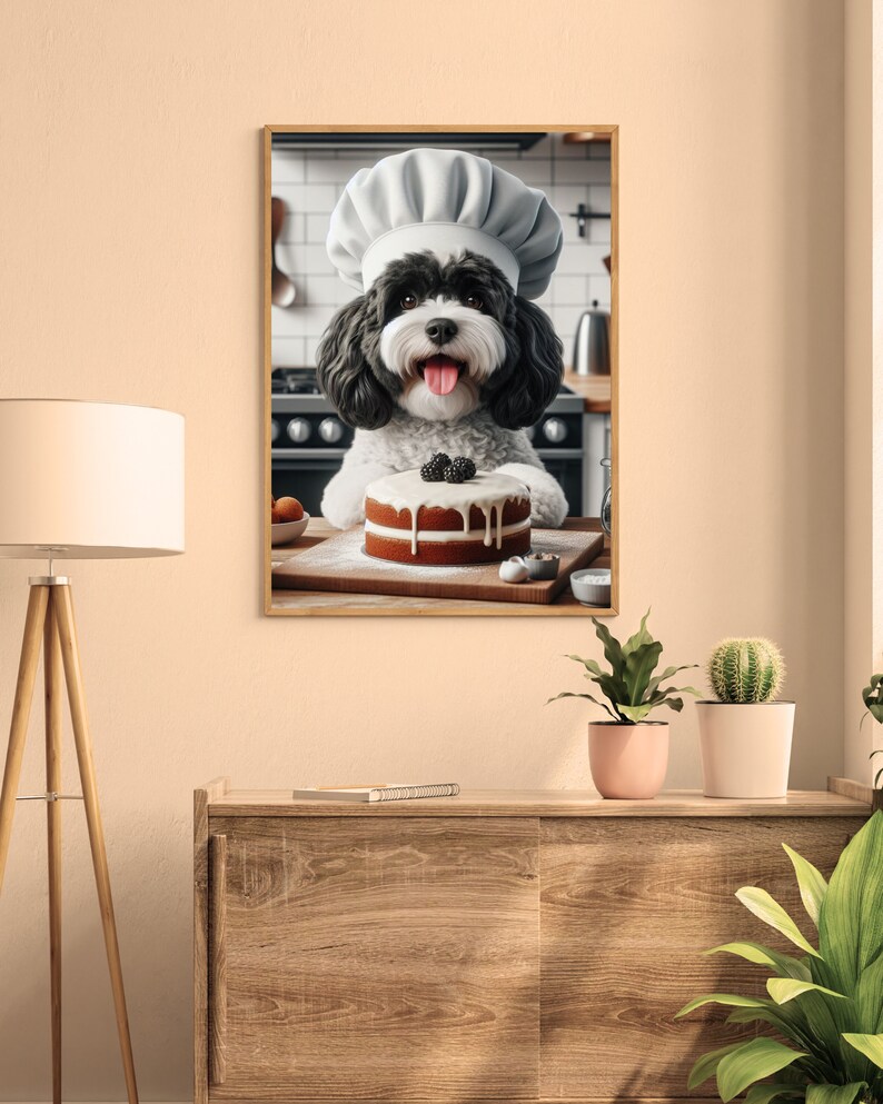 Black and White Cavapoo Cockapoo Baking Cake in Kitchen Digital ...