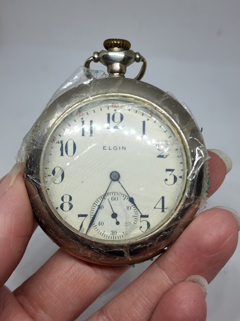 Antique 1917 Elgin Porcelain Face Nickel Silver Pocket Watch 7 Jewels ...