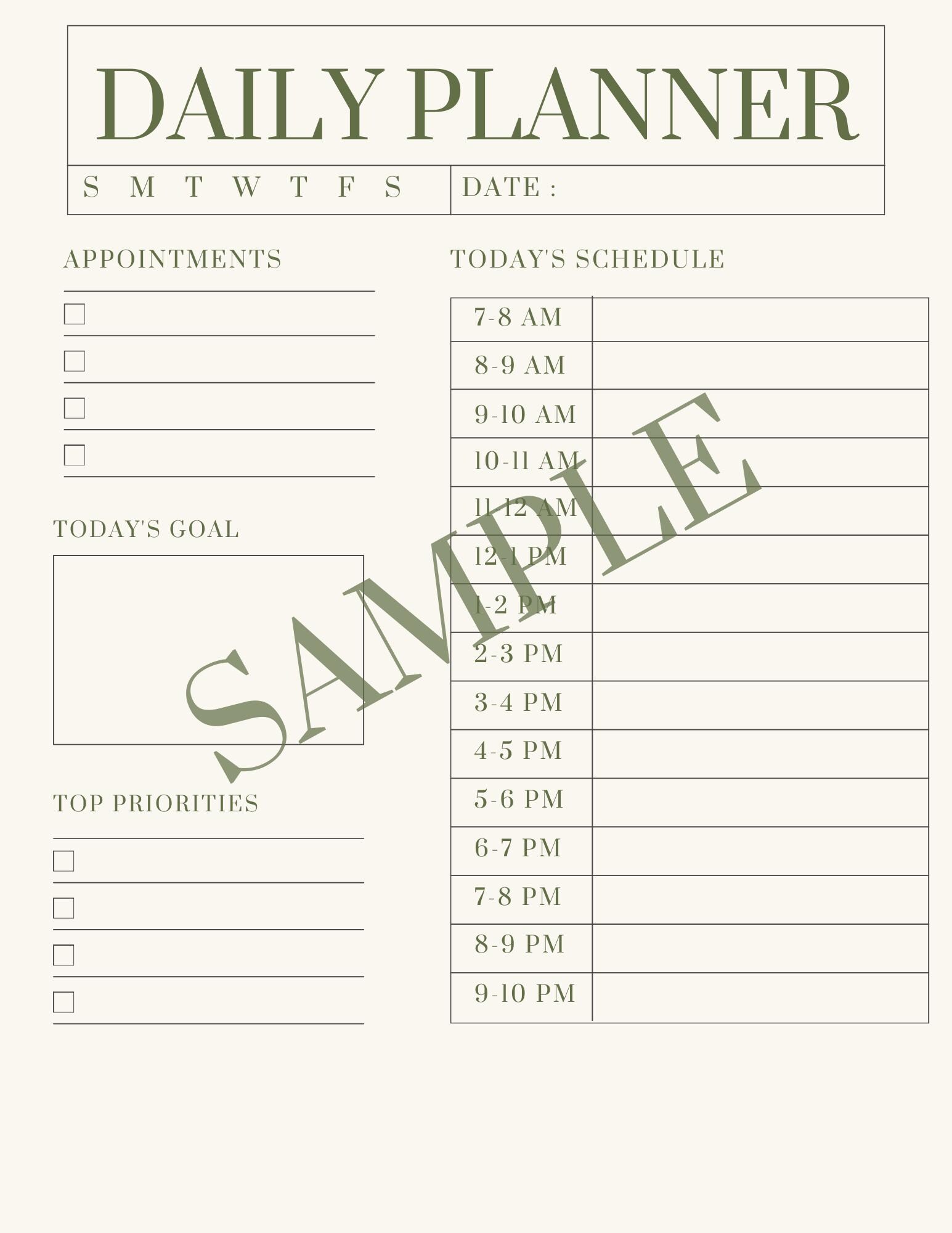 Earth Tones Daily Planner + Notes Page – Printable Tan & Green PDF ...