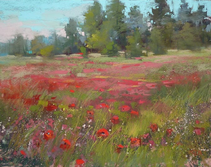 Original Pastel Painting RED Poppy Meadow Landscape 11x14 by Karen ...