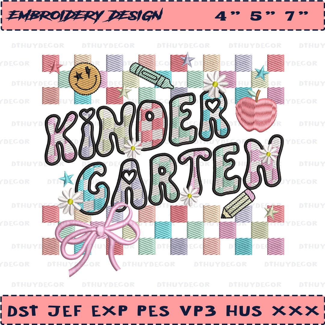 Checkered Kindergarten Embroidery Design, Back to School Embroidery ...