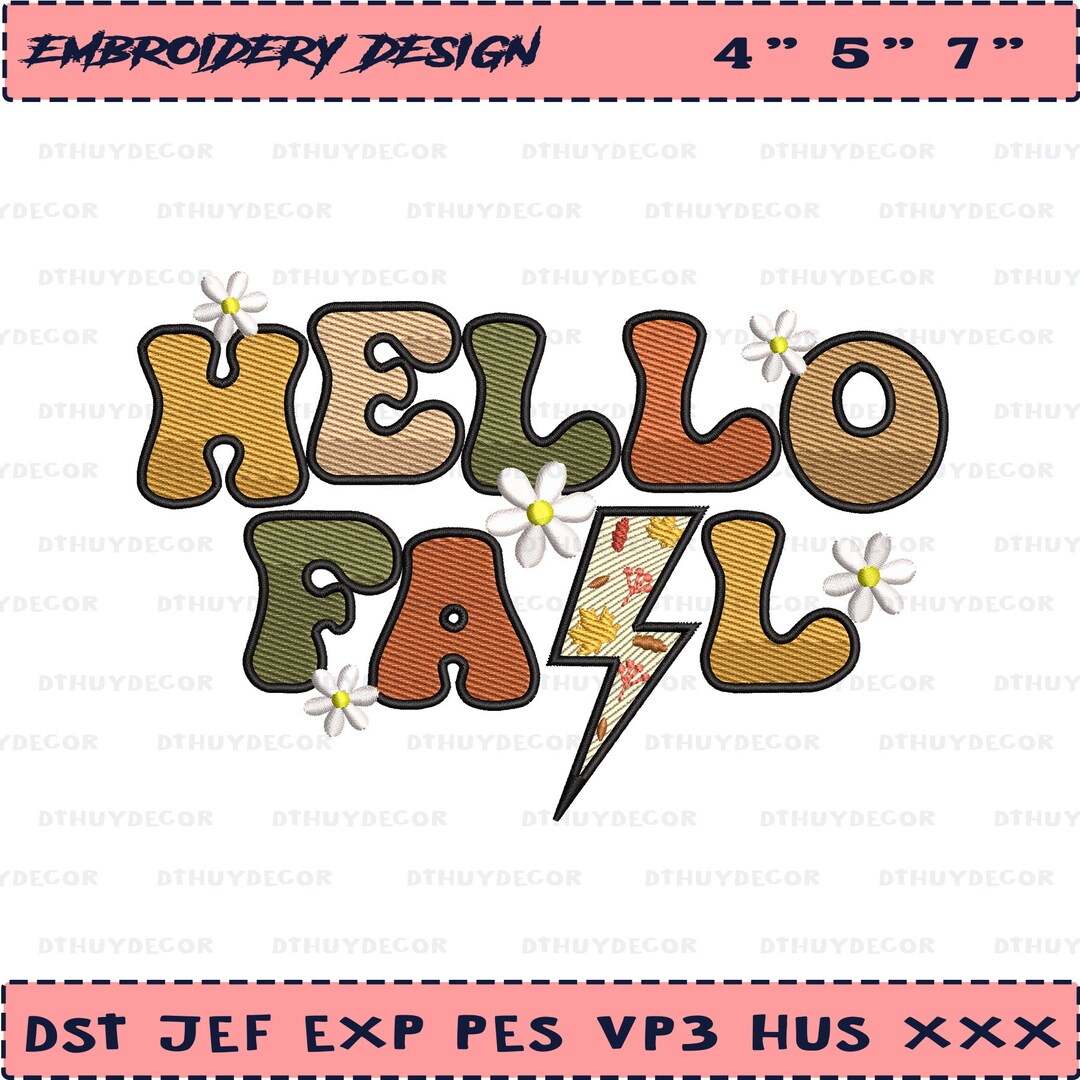 Retro Fall Quote Embroidery Design, Hello Fall Embroidery Design, Fall ...