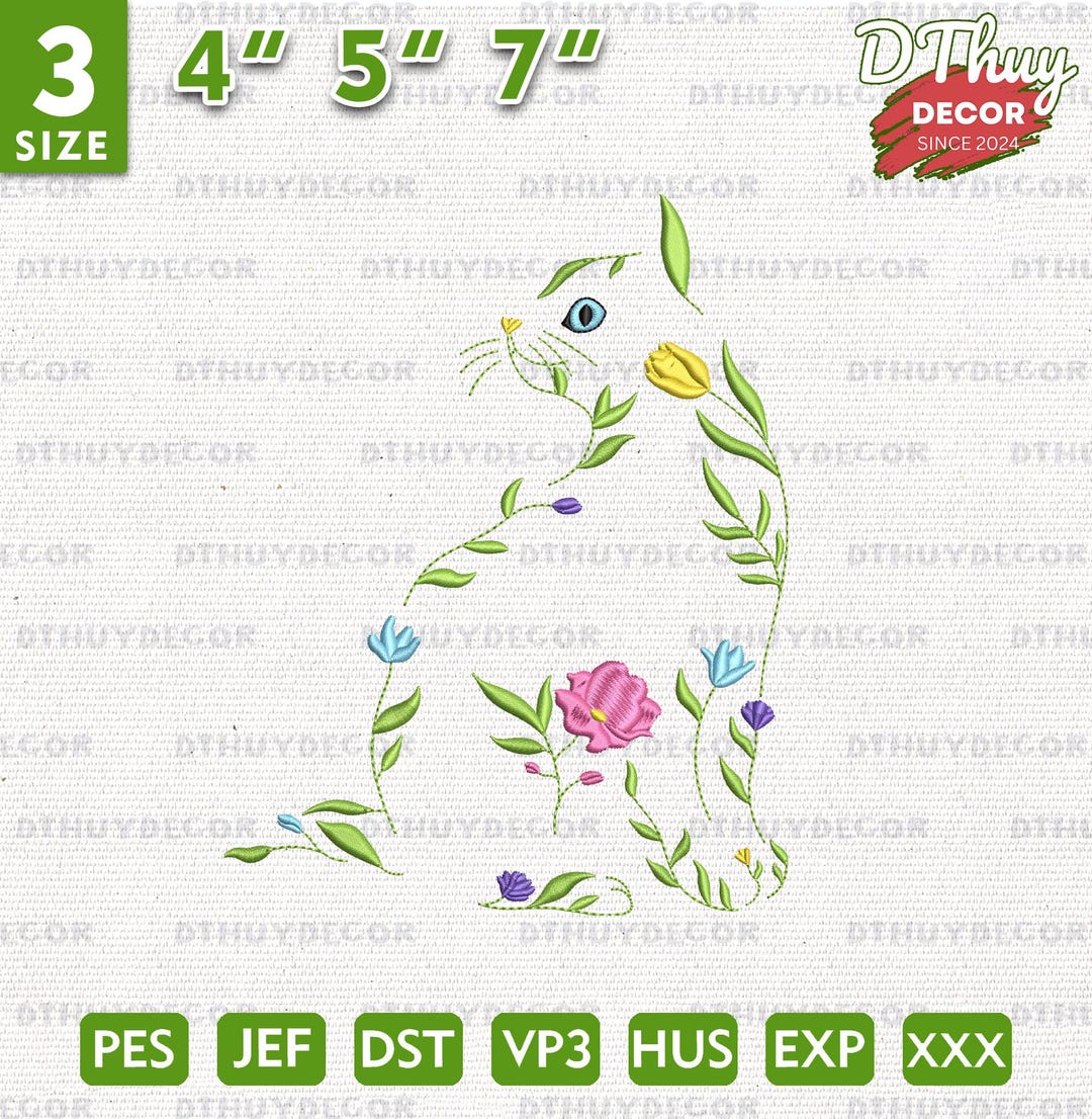 Floral Cat Outline Embroidery Design, Cat Wildflower Embroidery Design ...