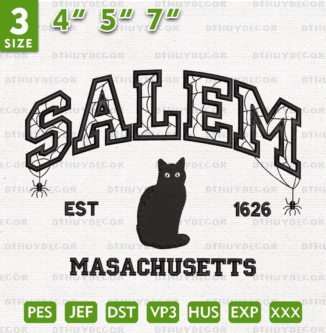 Salem Black Cat Embroidery Design, Halloween Embroidery Design, Spider ...