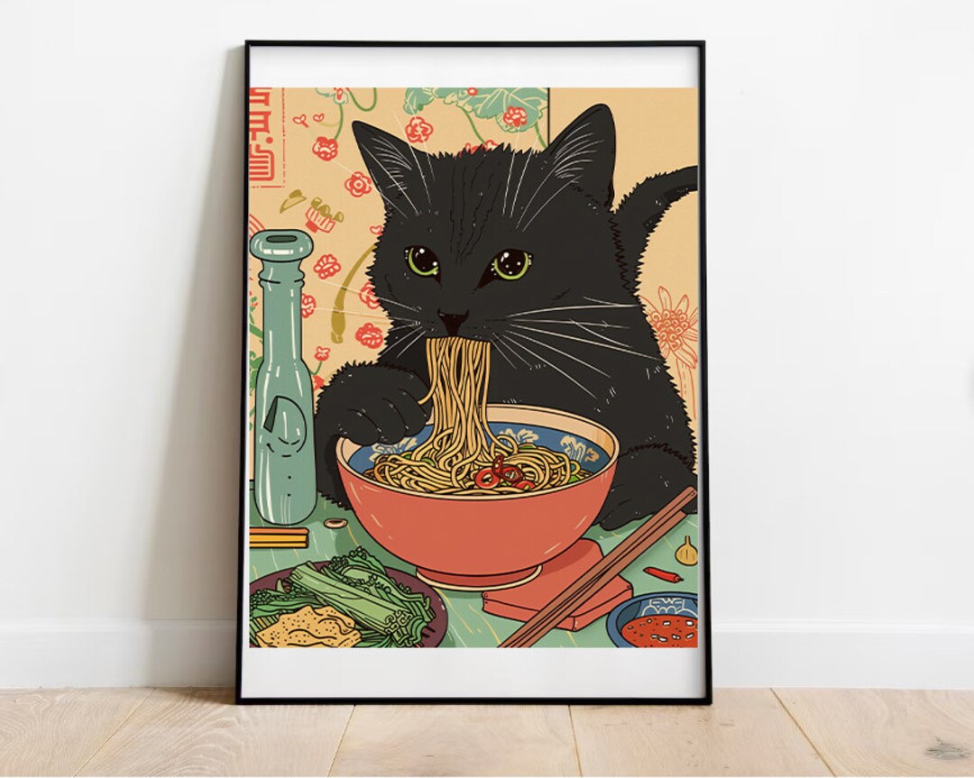 Black Cat Eating Noodles Cat Illustration Cat Portrait Cat Lover Gift ...