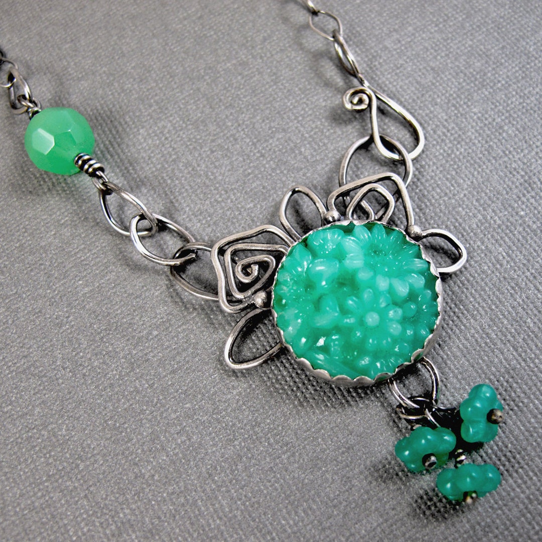 Green Garden Necklace - Sterling Silver and Vintage Glass - One of a ...