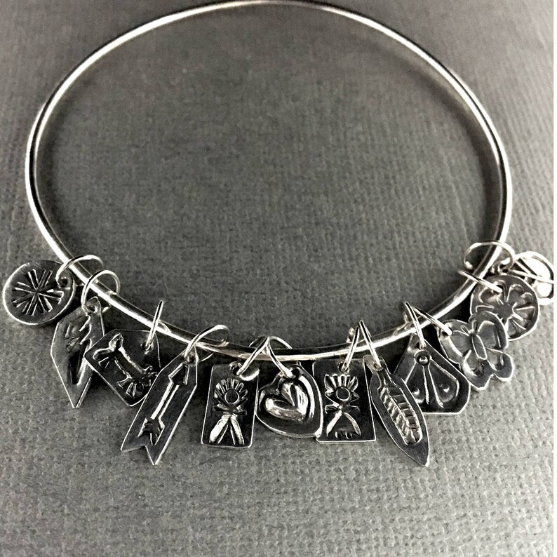 Tiny Charm Bangle Sterling Silver Bangle With a Dozen Tiny - Etsy