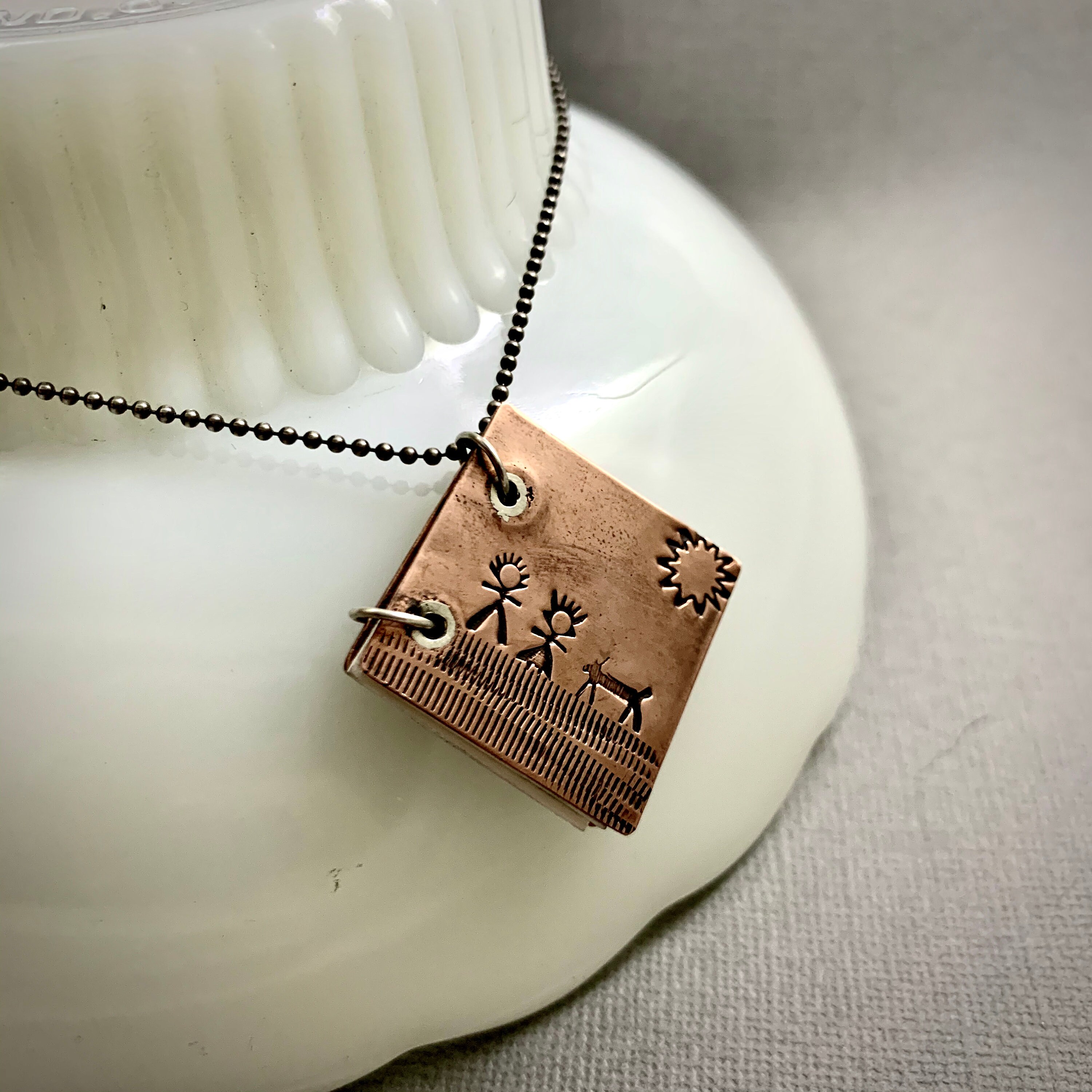 Copper Book Pendant - Boy Girl and Dog Scene - Sunny Day at the Park ...