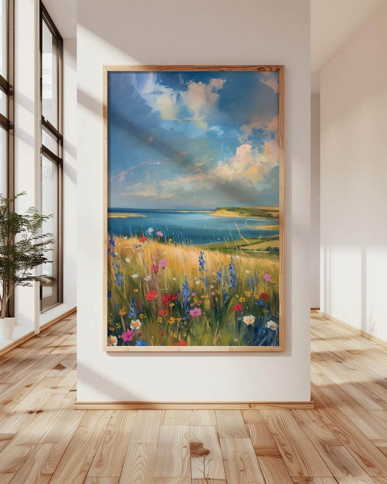 Printable Ocean View Landscape Painting, Colorful Wildflowers and Sea ...