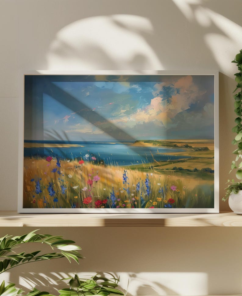 Printable Ocean View Landscape Painting, Colorful Wildflowers and Sea ...