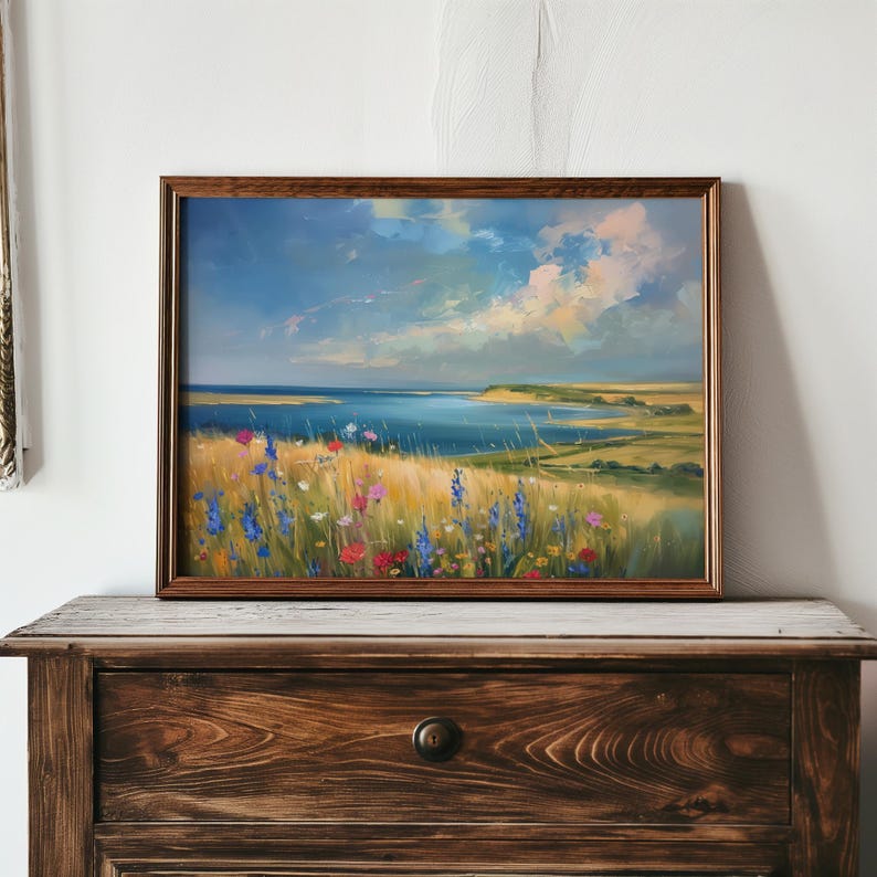 Printable Ocean View Landscape Painting, Colorful Wildflowers and Sea ...