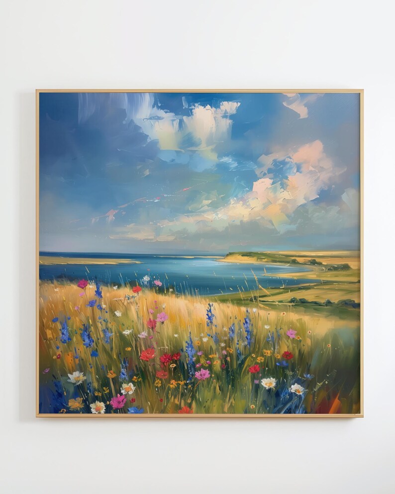 Printable Ocean View Landscape Painting, Colorful Wildflowers and Sea ...