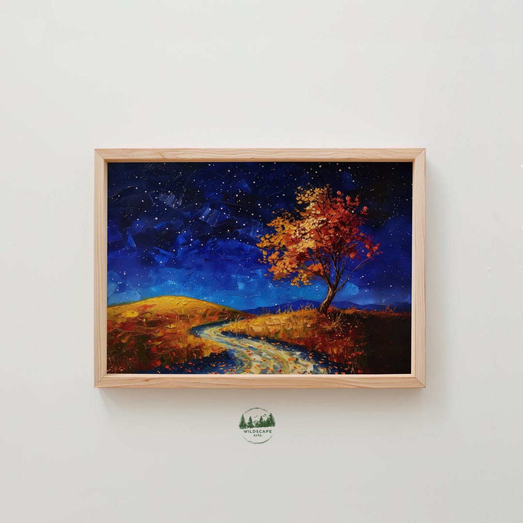 Starry Night Sky, Printable Wall Art, Autumn Tree, Vibrant Fall Colors ...