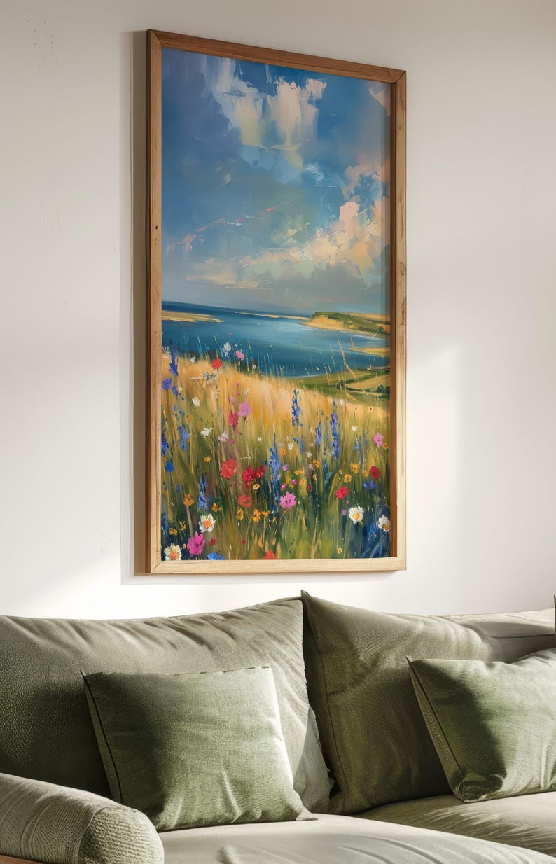 Printable Ocean View Landscape Painting, Colorful Wildflowers and Sea ...