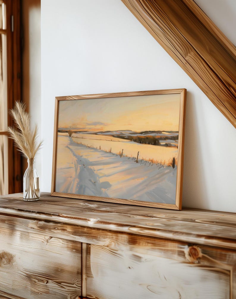 Golden Hour Snowy Fields Printable Wallart, Sunset, Impressionist ...