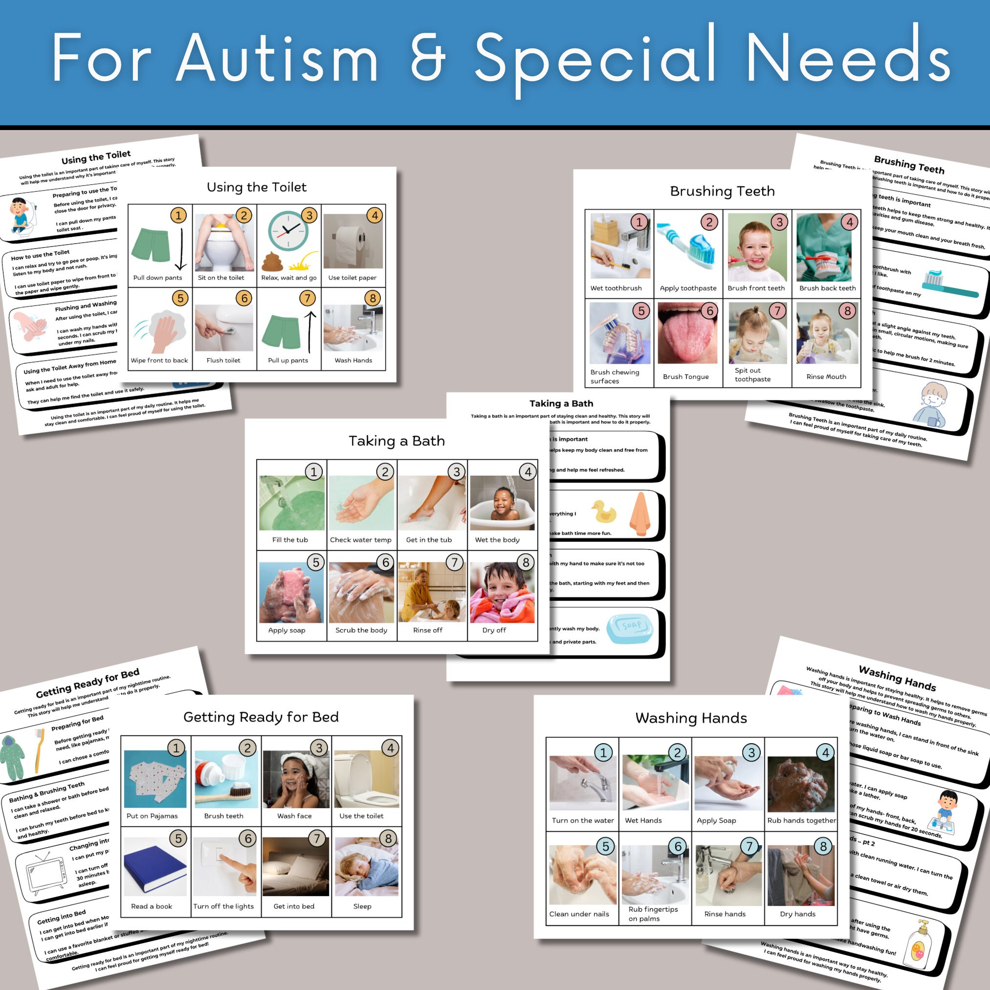 Life Skills Visual Bundle, Social Stories and Photo Charts, Step by ...