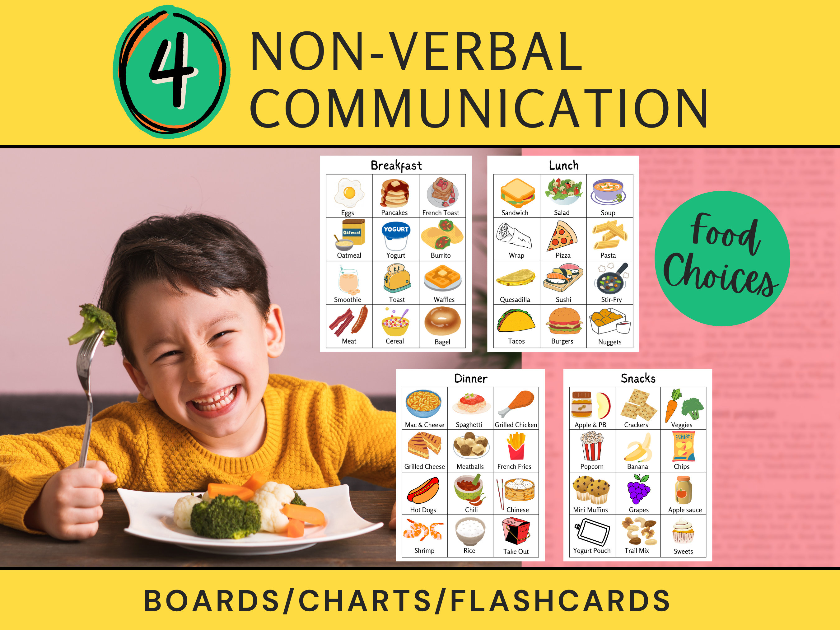 Autism Communication Boards for Food Choices, Flash Cards for Kids, Non ...