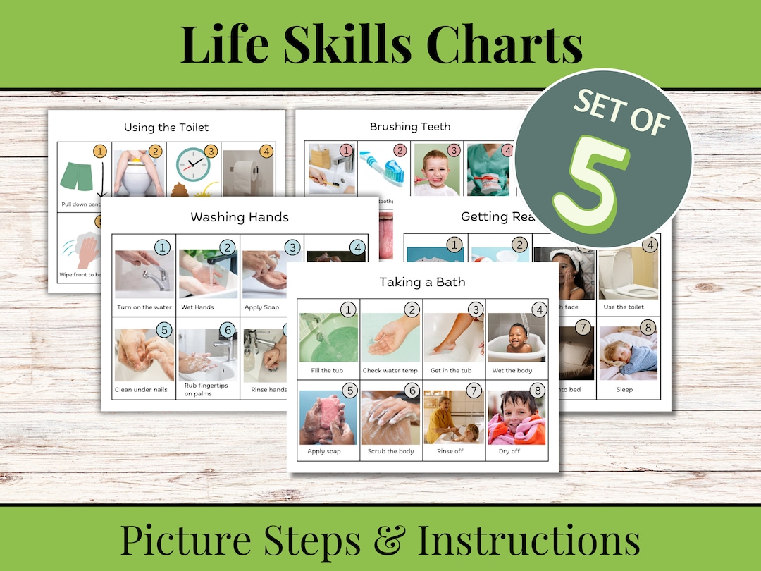 Life Skills Charts, Set of 5, Step by Step Routine Cards, Visual Tasks ...