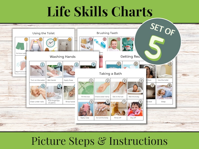 Life Skills Charts, Set of 5, Step by Step Routine Cards, Visual Tasks ...