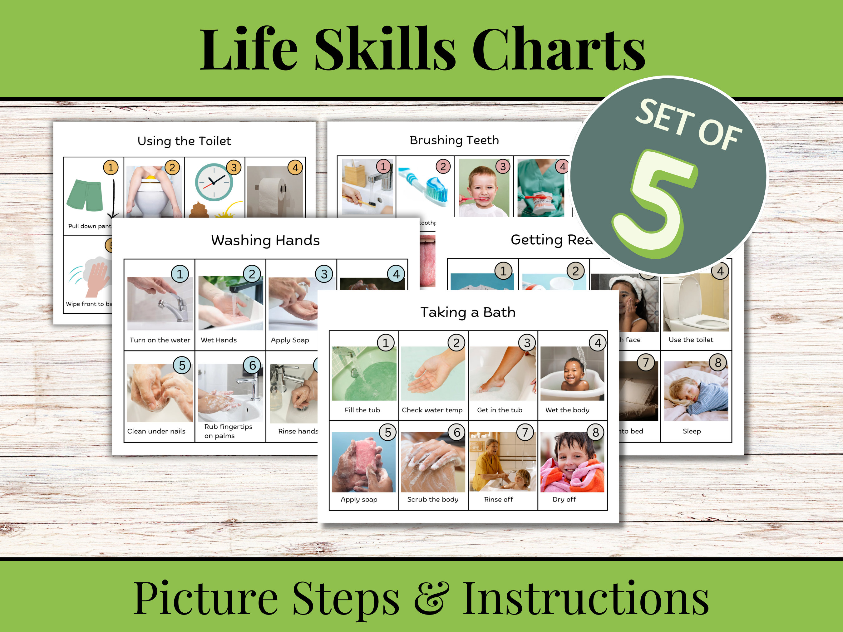 Life Skills Charts, Set of 5, Step by Step Routine Cards, Visual Tasks ...