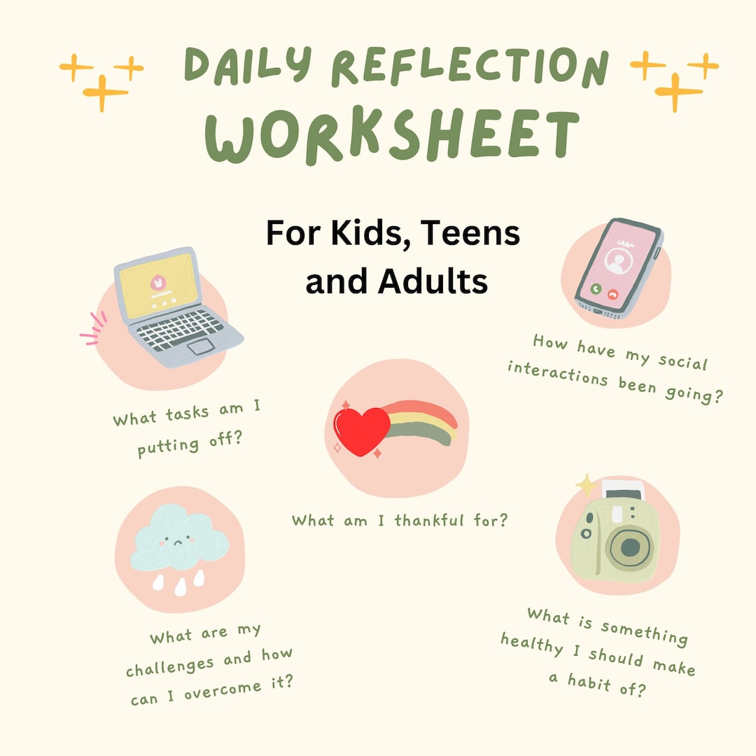 Daily Reflection Worksheet, Self Awareness and Goal Setting Chart ...