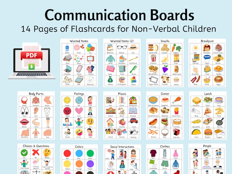Visual Communication Boards Bundle for Autistic Children- Set of 14 ...