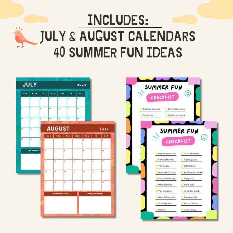 Summer Fun Checklist, Kids Activity Charts, July and August Calendars ...