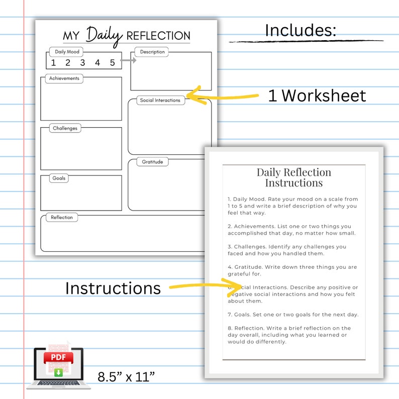 Daily Reflection Chart, Teen Writing Practice Worksheet, Depression and ...