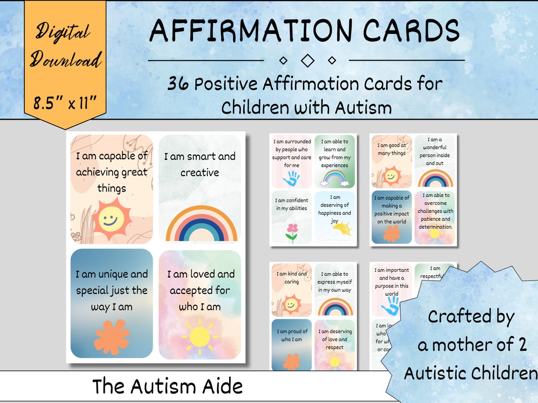 Daily Affirmation Cards for Children With Autism, Set of 36 Printable ...