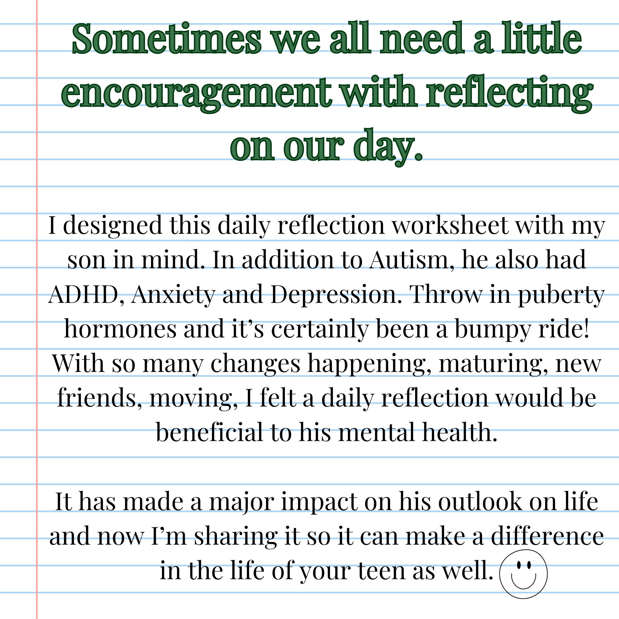 Daily Reflection Chart, Teen Writing Practice Worksheet, Depression and ...