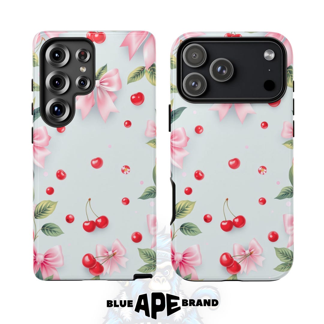 Cherry Blossom Bows Phone Case | Cute Red Cherries & Pink Ribbon Cover ...