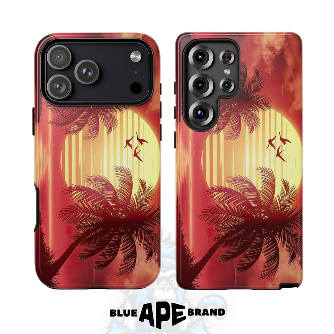 Retrowave Tropical Sunset Phone Case: Palm Tree Vaporwave Beach Art ...