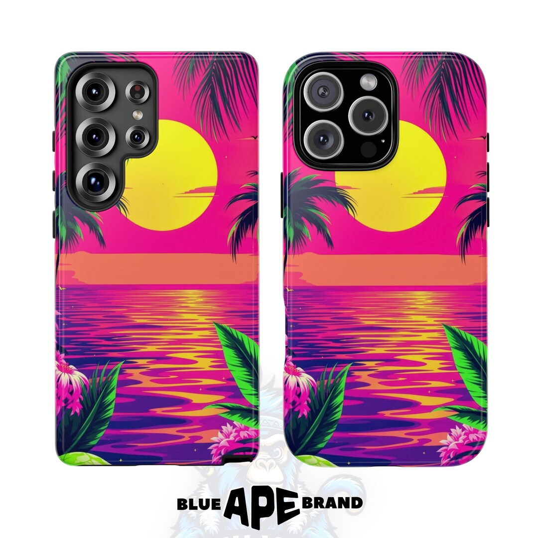 Neon Tropic Sunset Phone Case: Retro Beach Palm Design - Etsy
