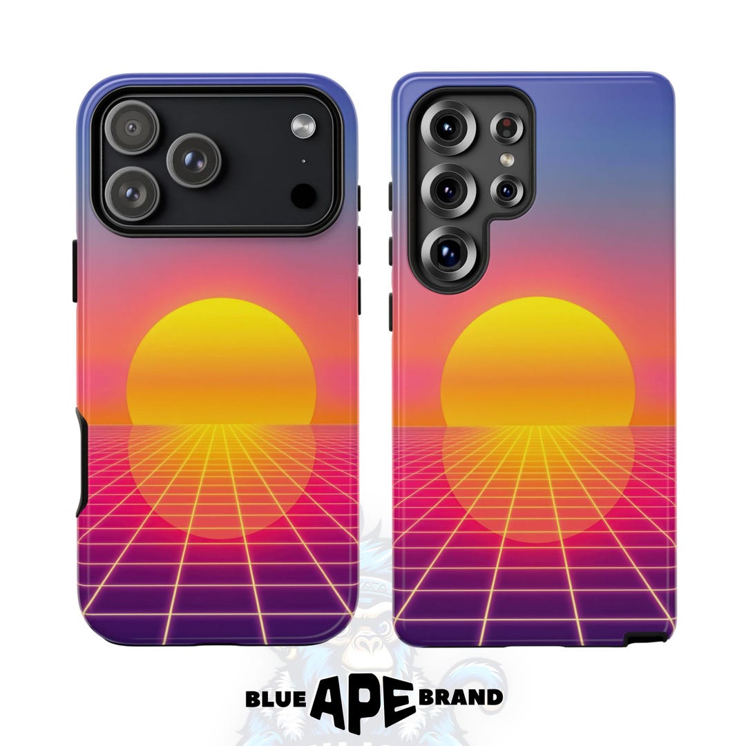 Vaporwave Sunset Phone Case: Retro Neon Horizon Grid - Blueapebrand - Etsy