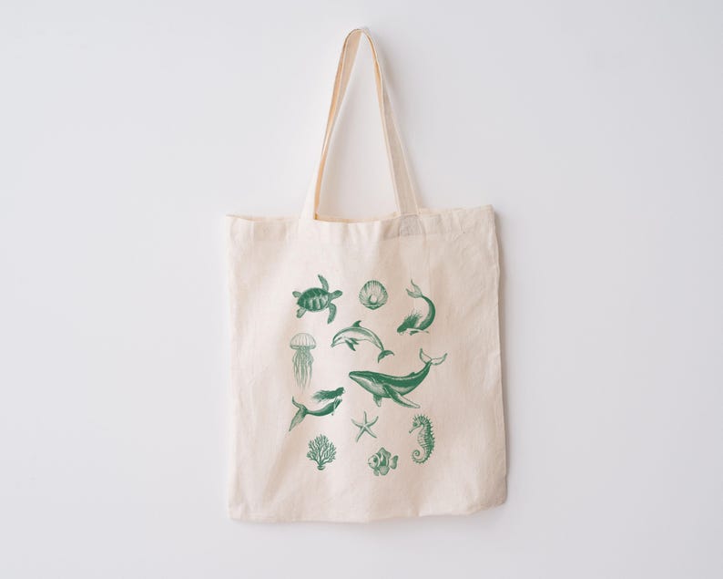 Vintage Mermaid Tote Bag | Ocean-themed Tote With Turtle, Dolphin ...