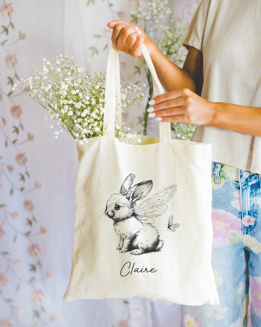 Personalized Bunny Tote Bag, Bunny Rabbit With Butterfly Wings Tote Bag ...