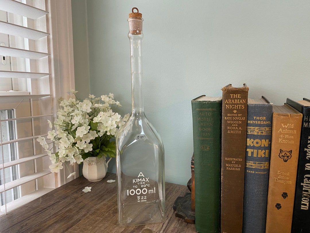 Vintage Lab Glass Flask by Kimax, 1000ml Cork Topped Science Chemistry ...