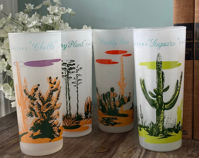 Midcentury Cactus Frosted Glass Drinking Glasses, Desert Cacti Cocktail ...