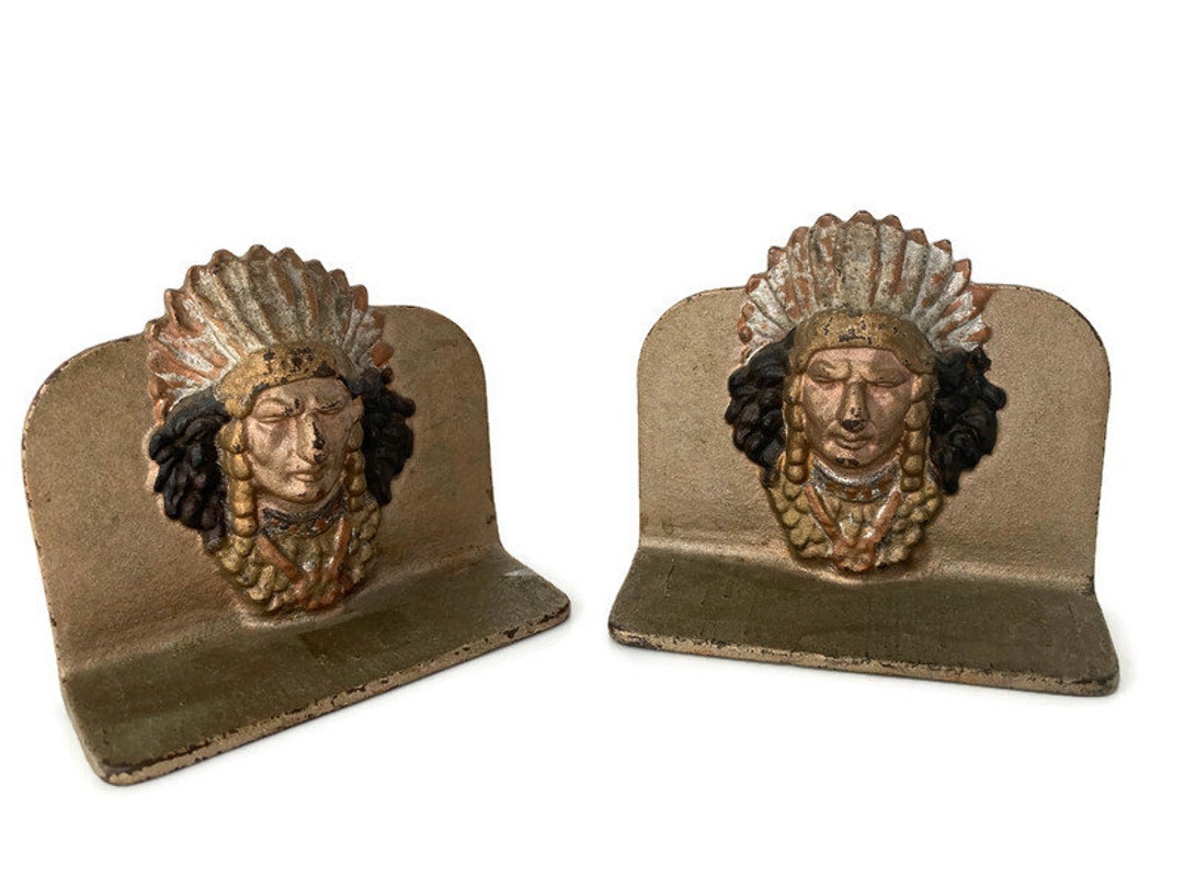 Vintage Cast Iron Indian Chief Bookends - Native American Indian ...
