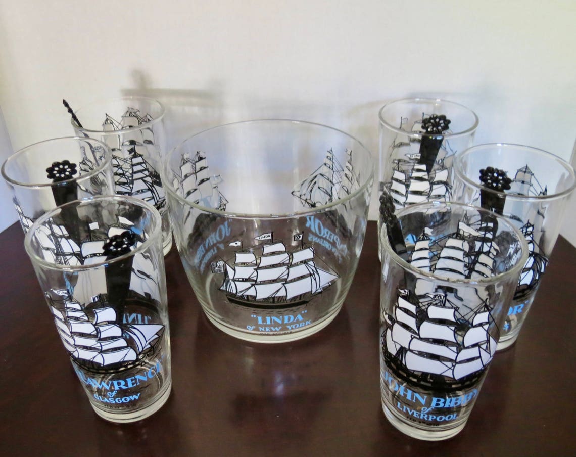 Vintage Clipper Ship Glass Set Ice Bucket Six Glasses | Etsy