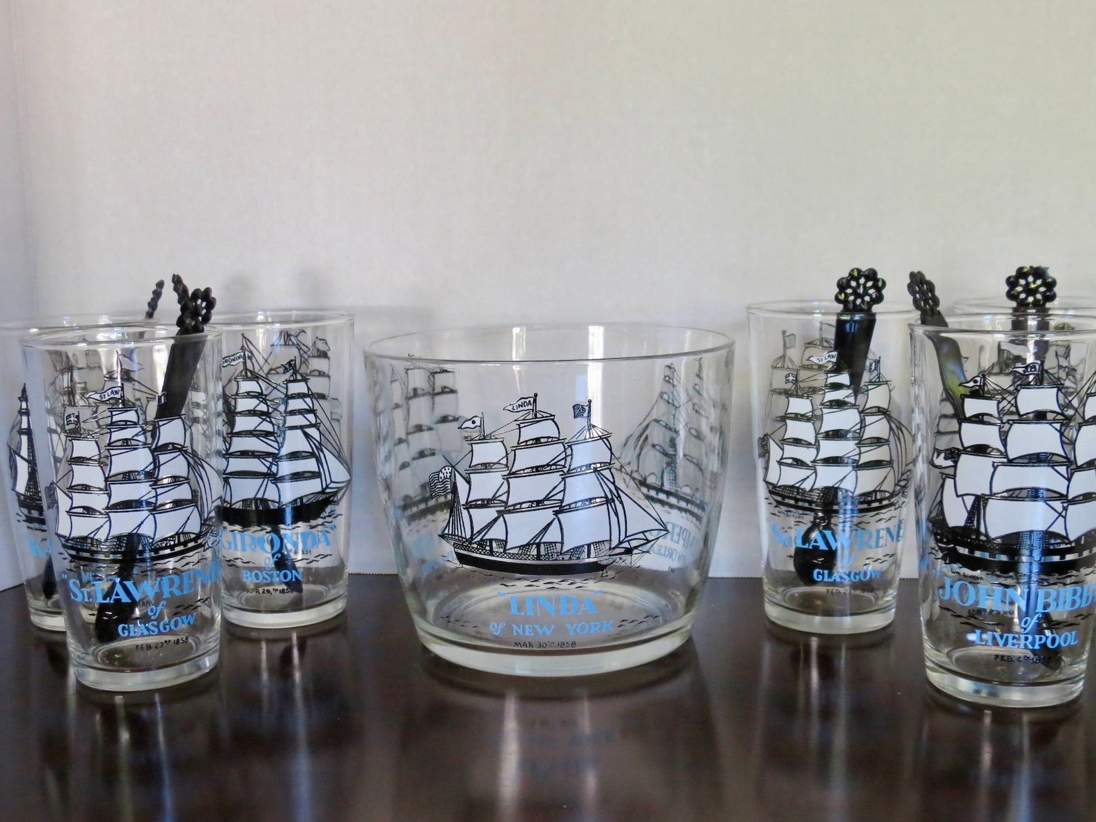 Vintage Clipper Ship Glass Set Ice Bucket Six Glasses | Etsy