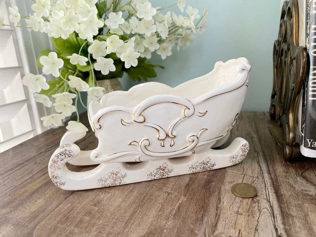 Midcentury Lefton Ceramic White and Gold Sleigh - Etsy