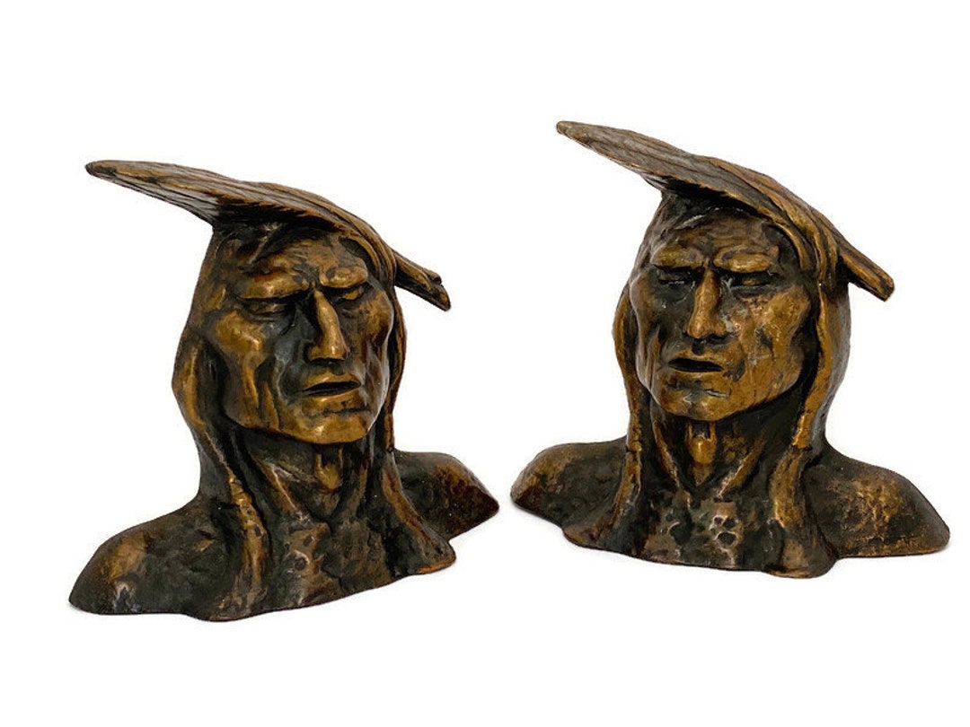 Vintage Bronze Indian Warrior Bookends - Native American Indian ...