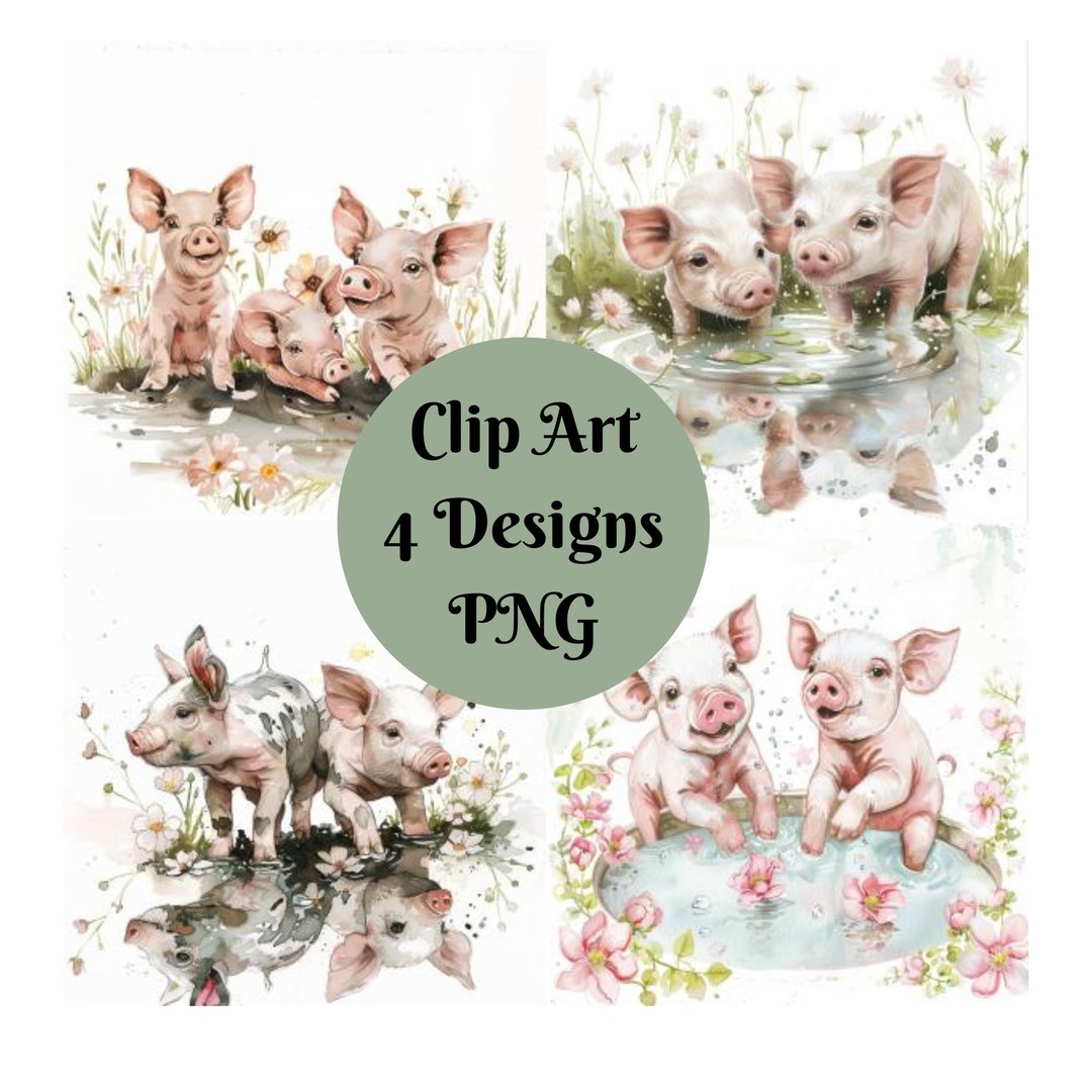 Pigs. Piglets Playing in Puddle Clip Art. Clipart. 300DPI. 5 X 5 Inches ...