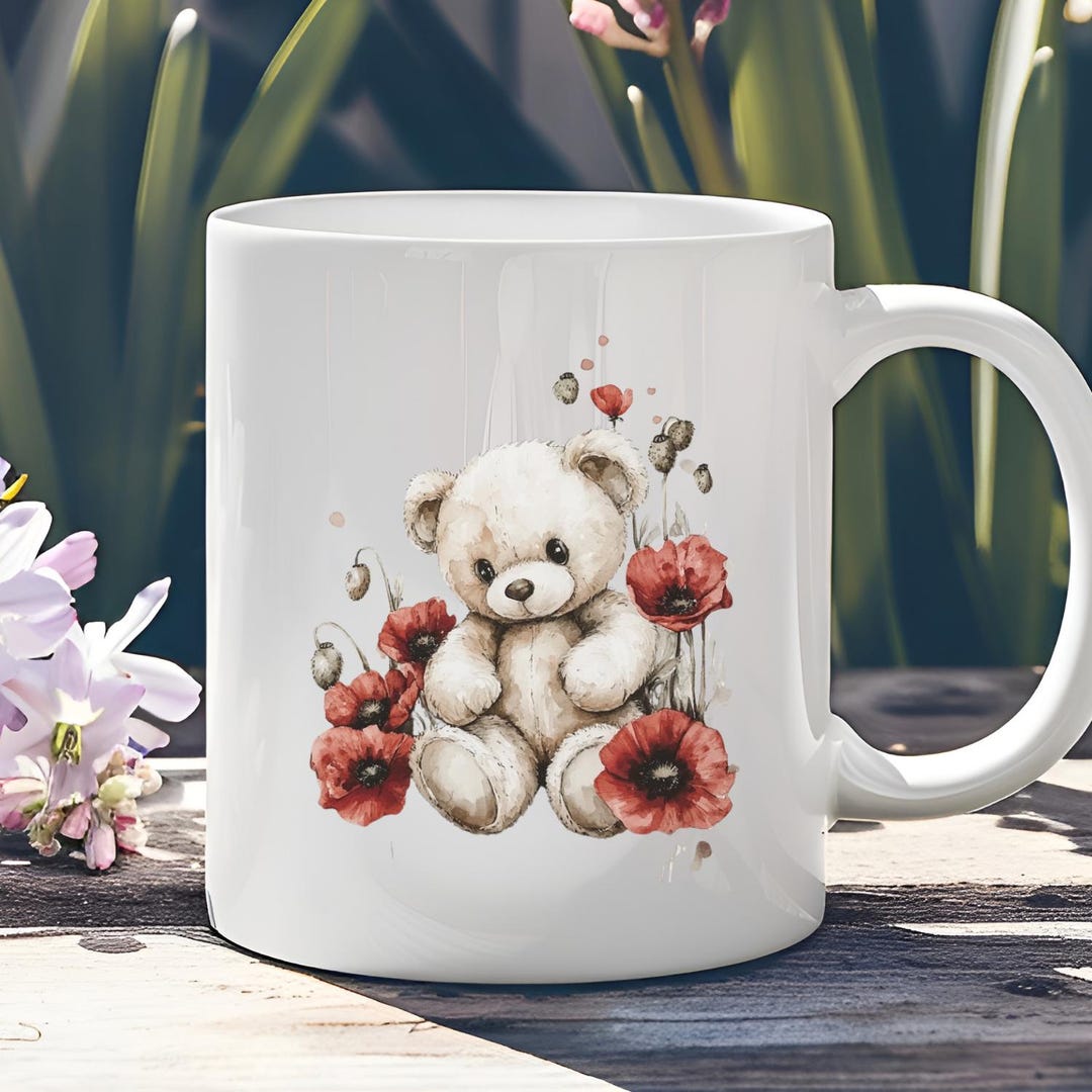 Teddy Bear Watercolour Mug. Bear With Poppies by Snuggles and Sparkles ...
