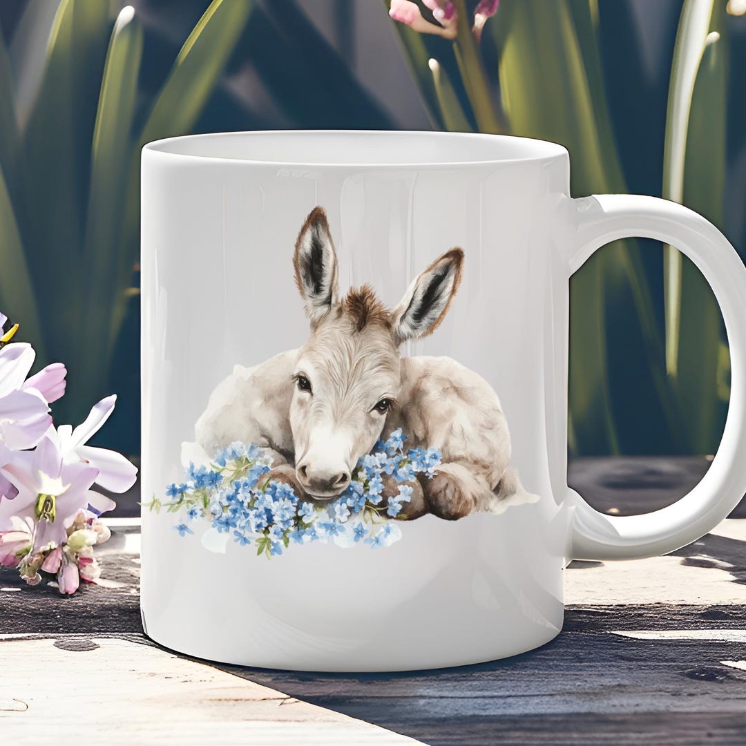 Donkey Watercolour Mug. Baby Donkey With Forget Me Nots by Snuggles and ...