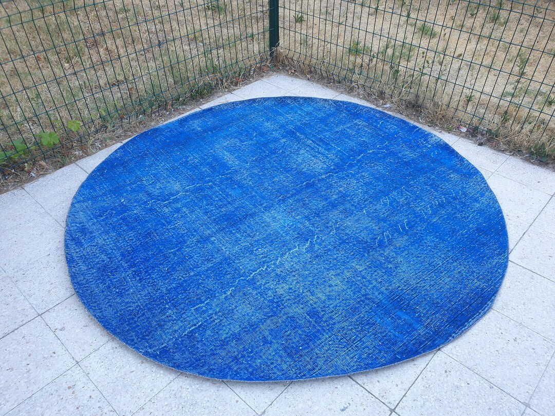 Round Rug 7x7, Circle Kitchen Rug, Blue Oushak Bedroom Rug, Turkish ...