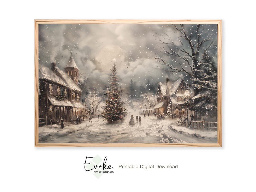 Printable Vintage Christmas Tree Village Painting | Nostalgic Victorian ...