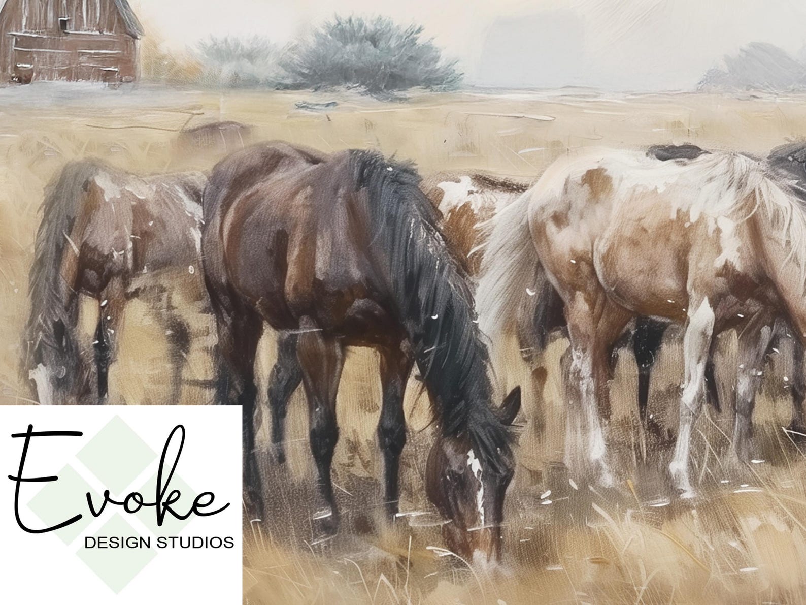 Printable Wild Horses Vintage Oil Painting | Rustic Country Farmhouse ...